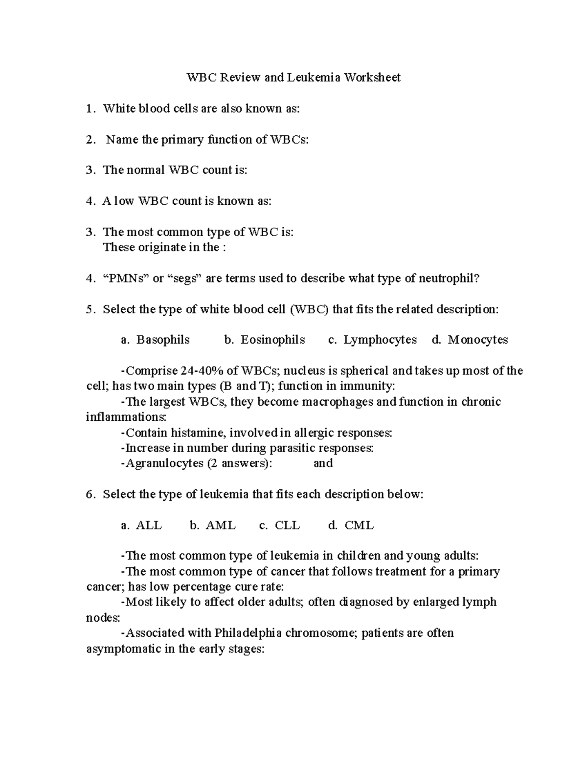 WBC Review and Leukemia Worksheet - WBC Review and Leukemia Worksheet ...