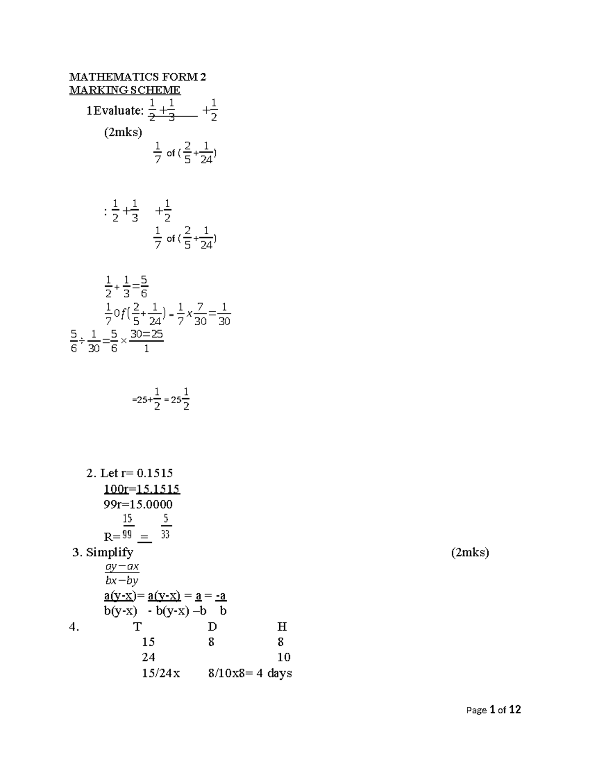 F2 Maths MST 2024 Teacher - MATHEMATICS FORM 2 MARKING SCHEME 1Evaluate ...