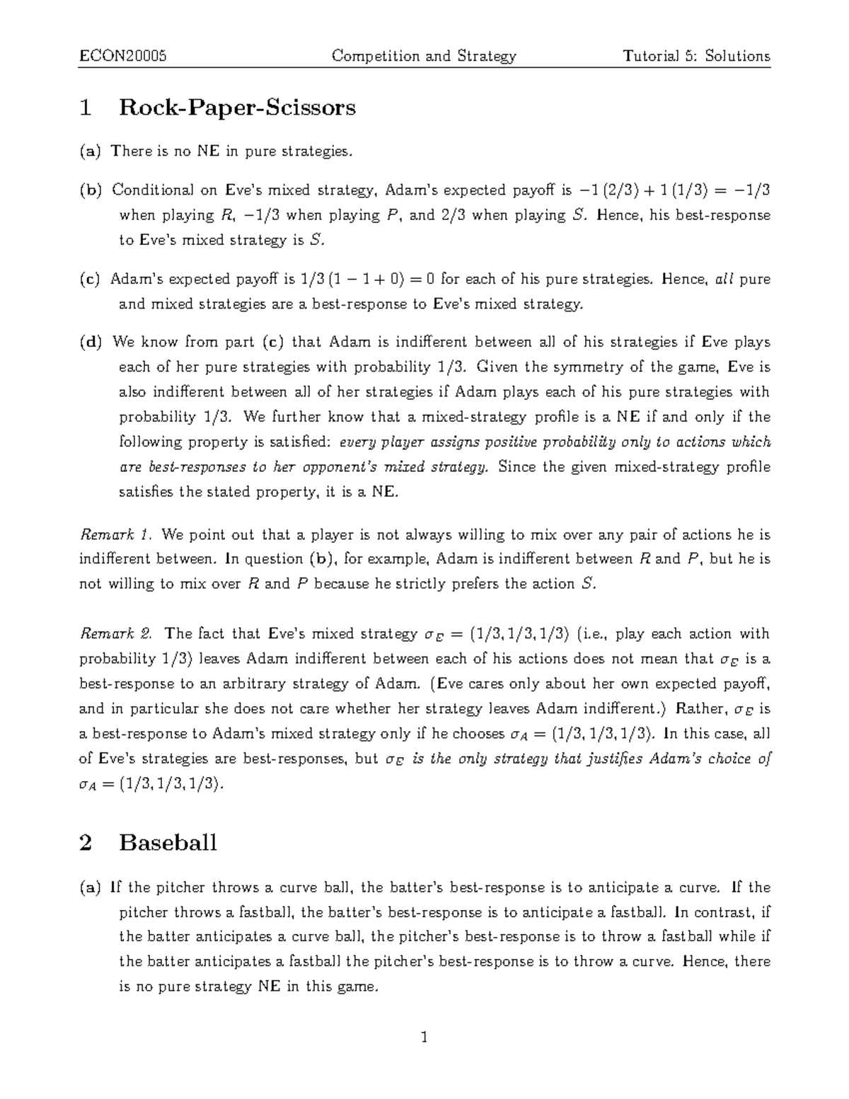 Tutorial 5 Solutions Updated - ECON20005 Competition and Strategy Tutorial 5: Solutions 1 - Studocu