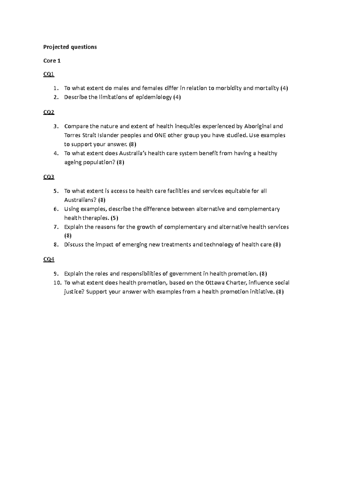 PDHpE PRACTICE questions for HSC - Projected questions Core 1 CQ 1. To ...
