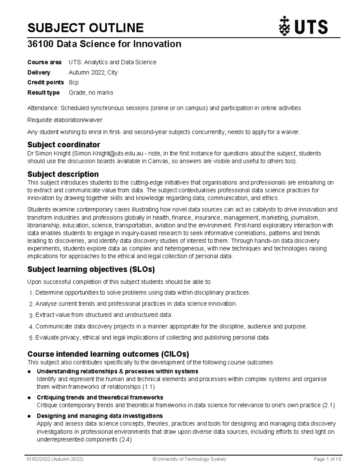 Subject Outline of Database Principles 031061 - SUBJECT OUTLINE 36100 ...
