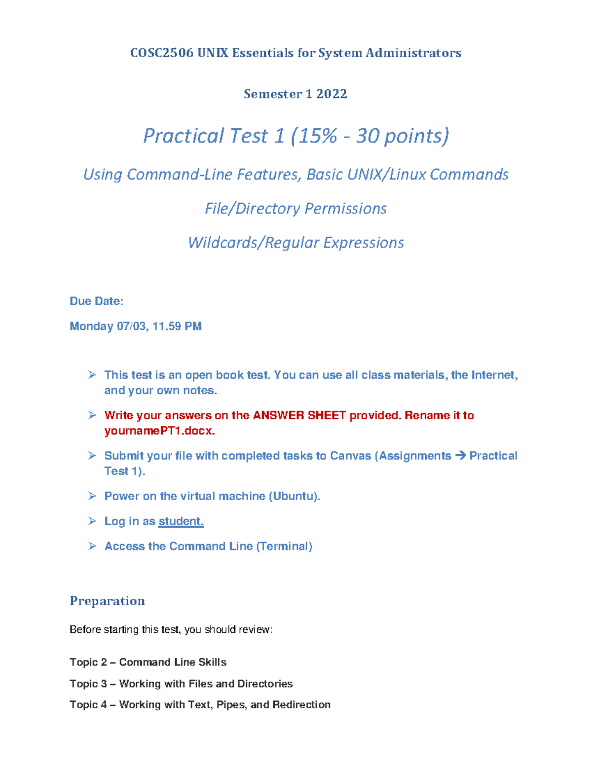 Practical Test 1 S1 22 Unix Essential Cosc2506 Unix Essentials For System Administrators