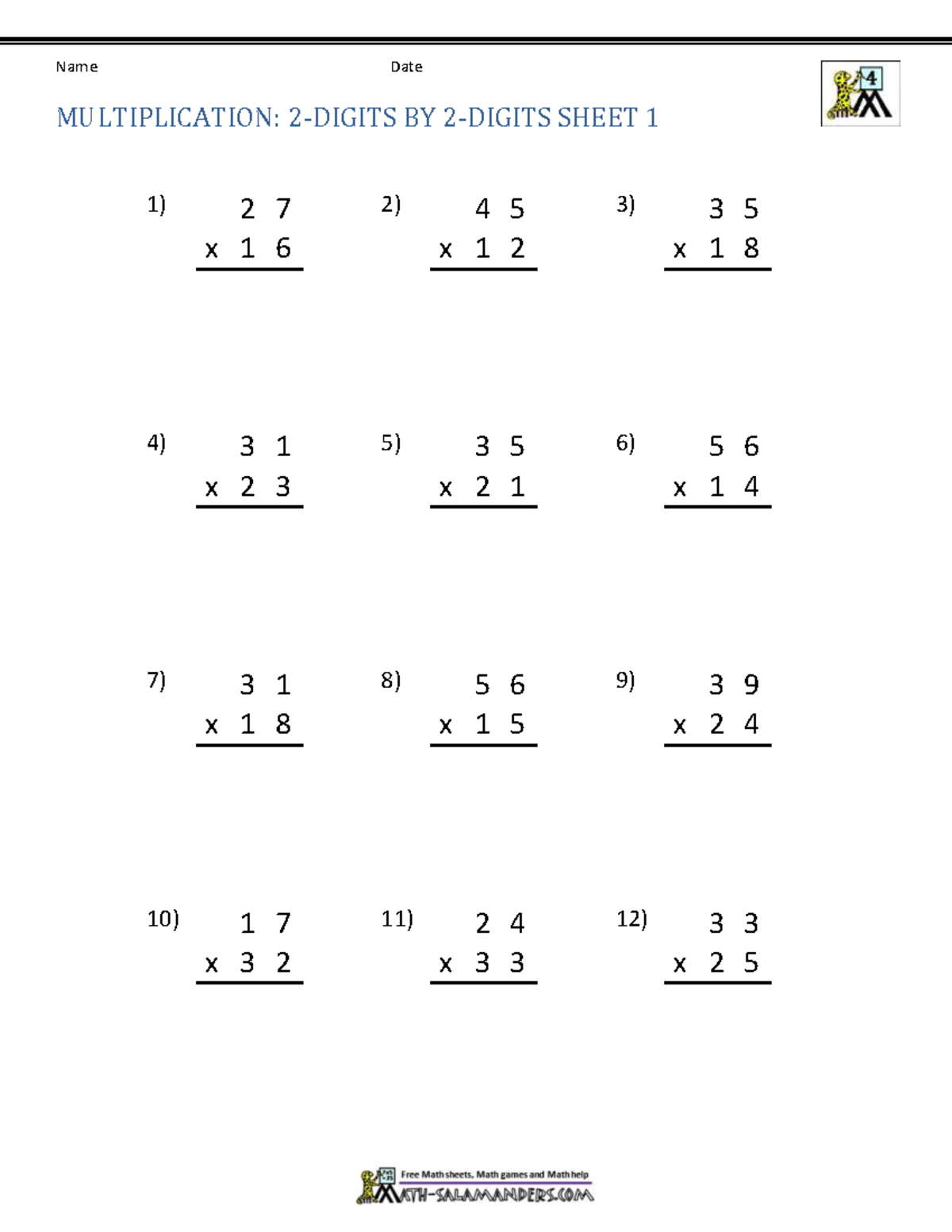 Multiplication 2 digits by 2 digits 1 - Name Date MULTIPLICATION: 2 ...