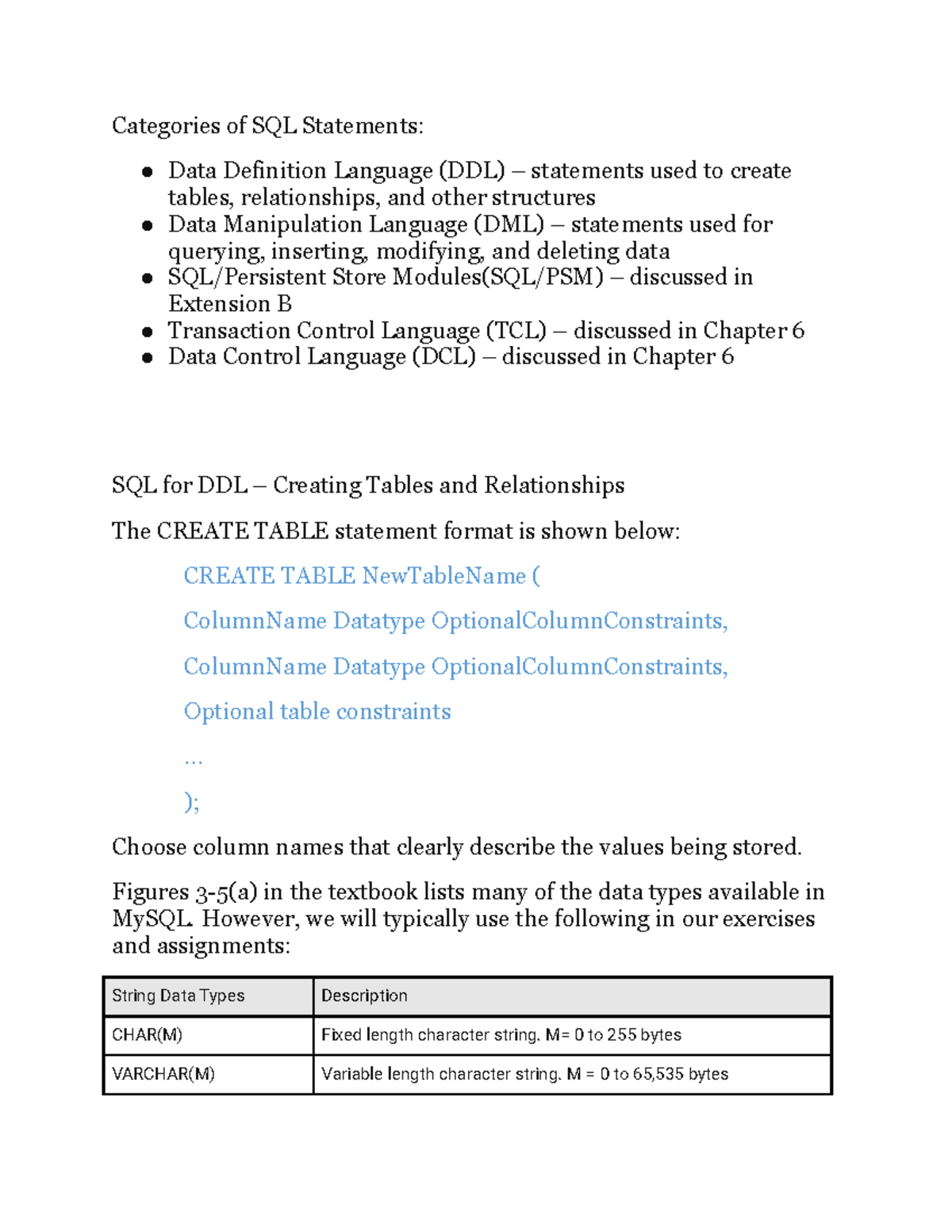 Final exam help - Categories of SQL Statements: Data Definition ...