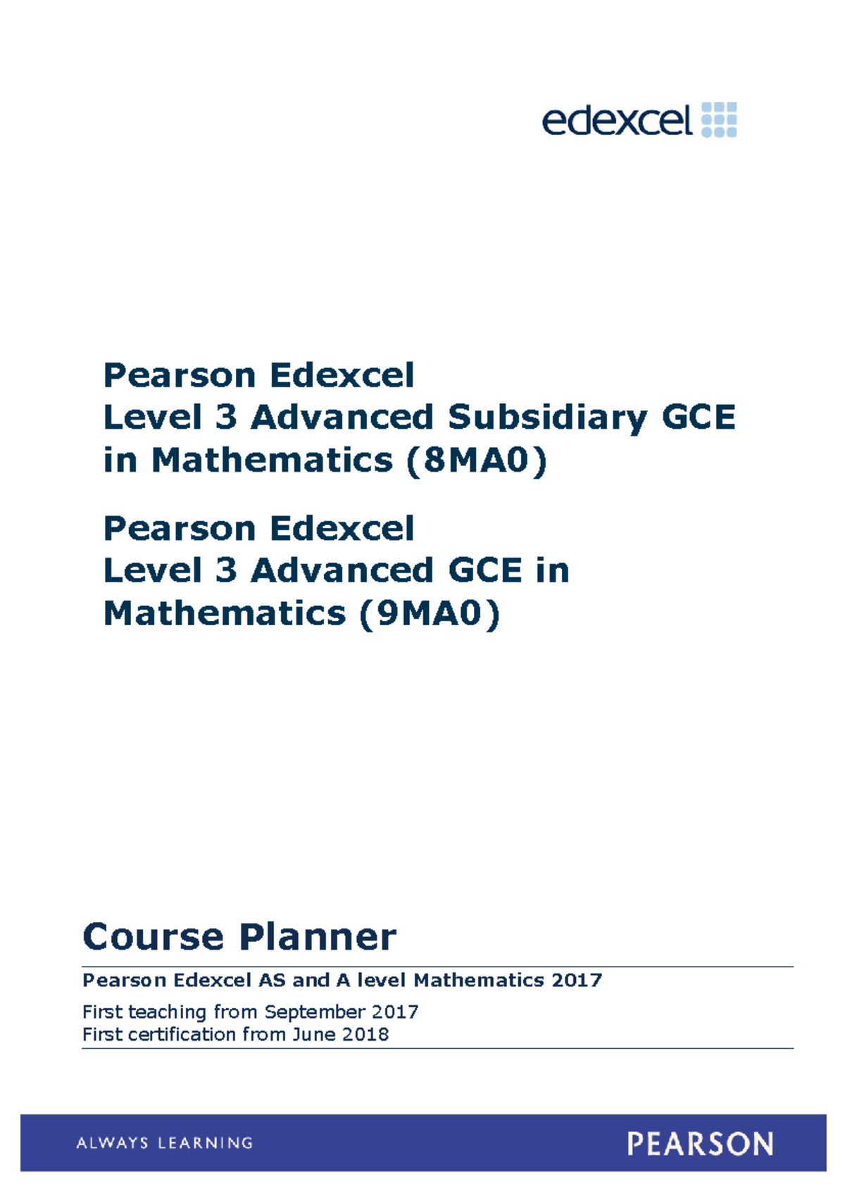 Maths Course Planner - Pearson Edexcel Level 3 Advanced Subsidiary GCE in Mathematics (8MA0 ...
