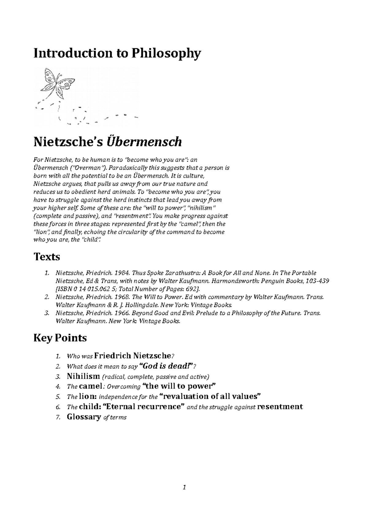 SFV102 Notes Nietzsche - Introduction to Philosophy Nietzsche’s ...