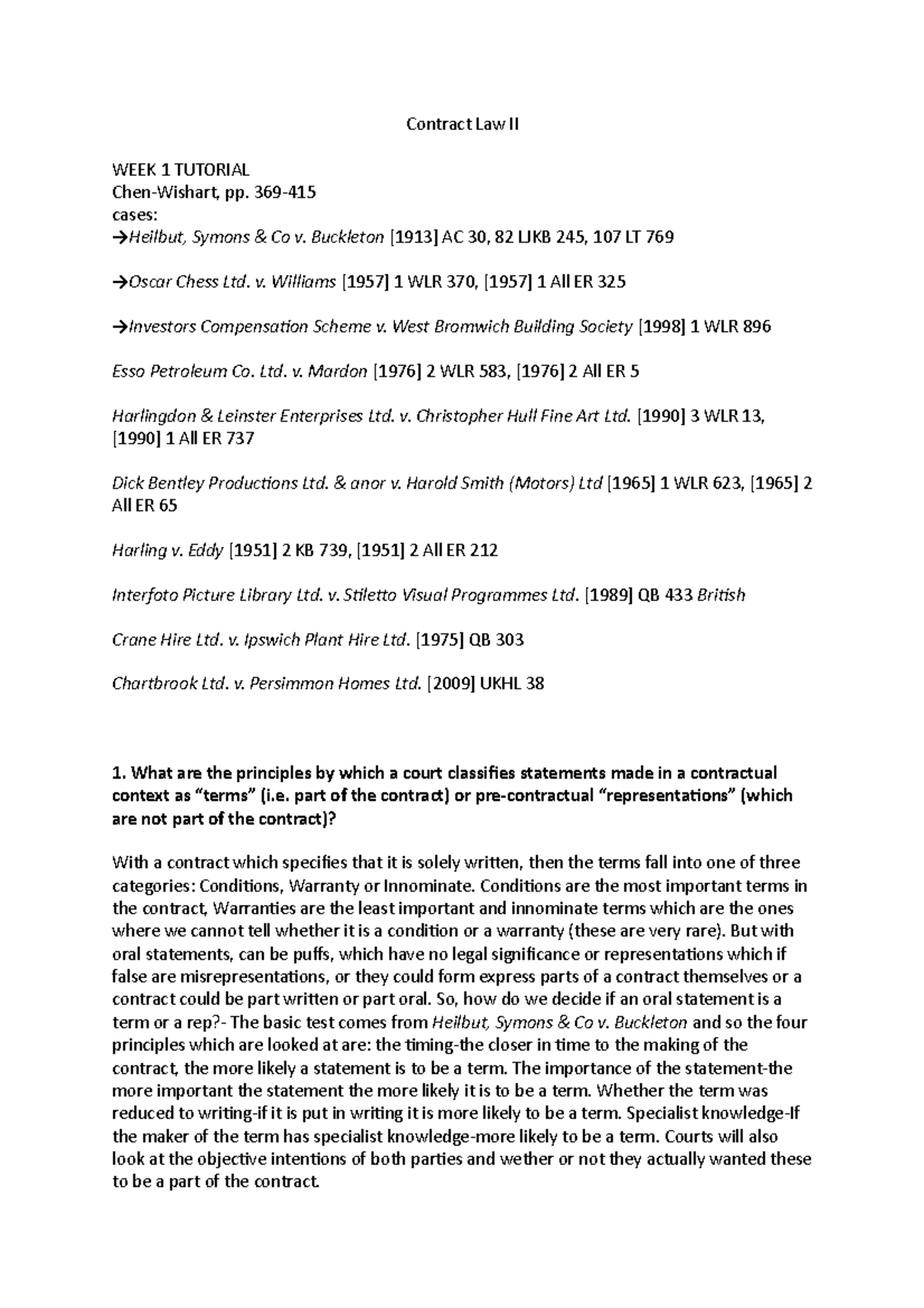 Contract Law II WEEK 1 Tutorial answers - Contract Law II WEEK 1 TUTORIAL Chen-Wishart, pp. 369 ...