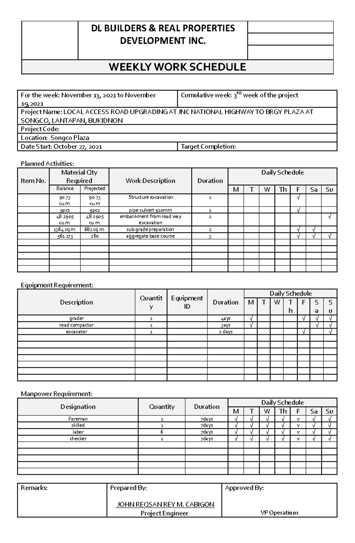 Weekly-work-schedule - DL BUILDERS & REAL PROPERTIES DEVELOPMENT INC ...