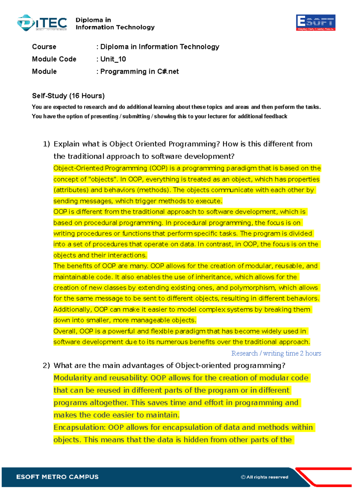 Self Study 10 - yyg - Course : Diploma in Information Technology Module Code : Unit_ Module ...