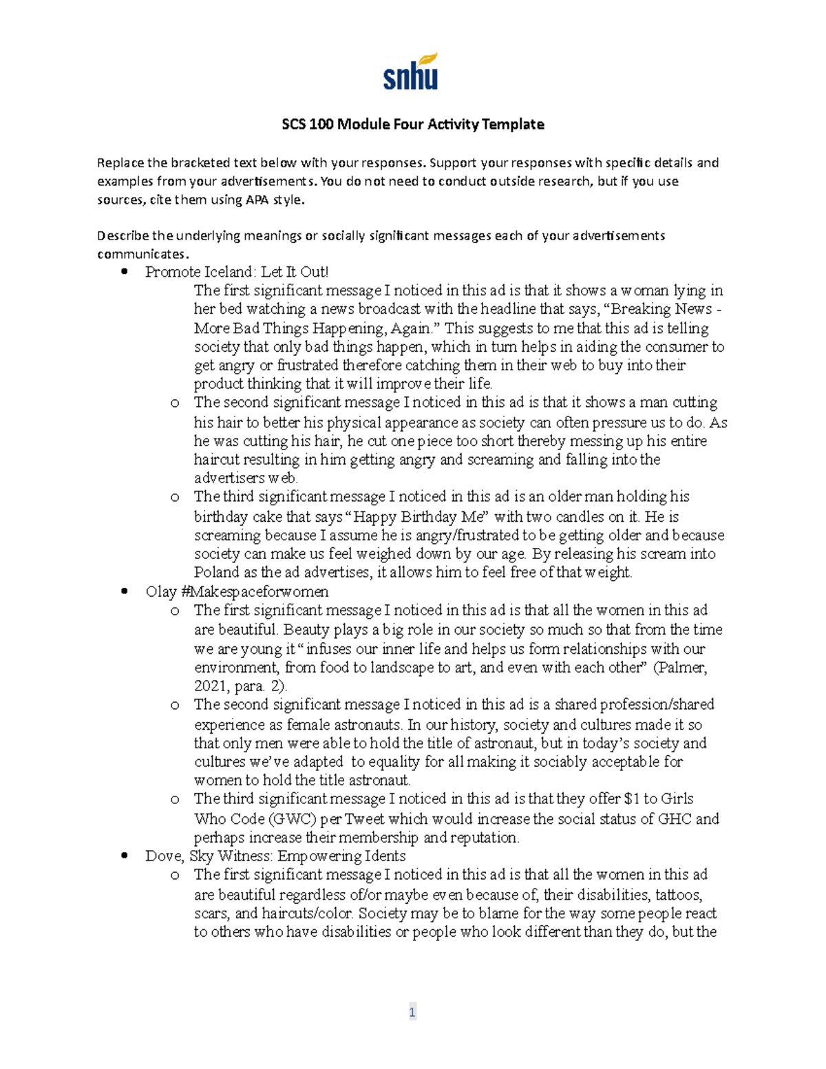 SCS 100 Module Four Activity Template - SCS 100 Module Four Activity Template Replace the ...