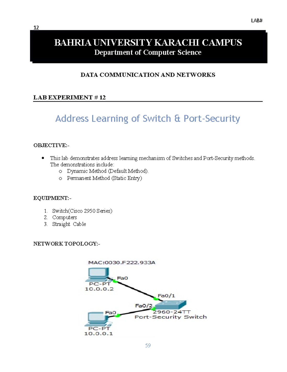 Lab 12 Address Learning Switch Port Security CS 03012023 121220 am - 12 BAHRIA UNIVERSITY ...