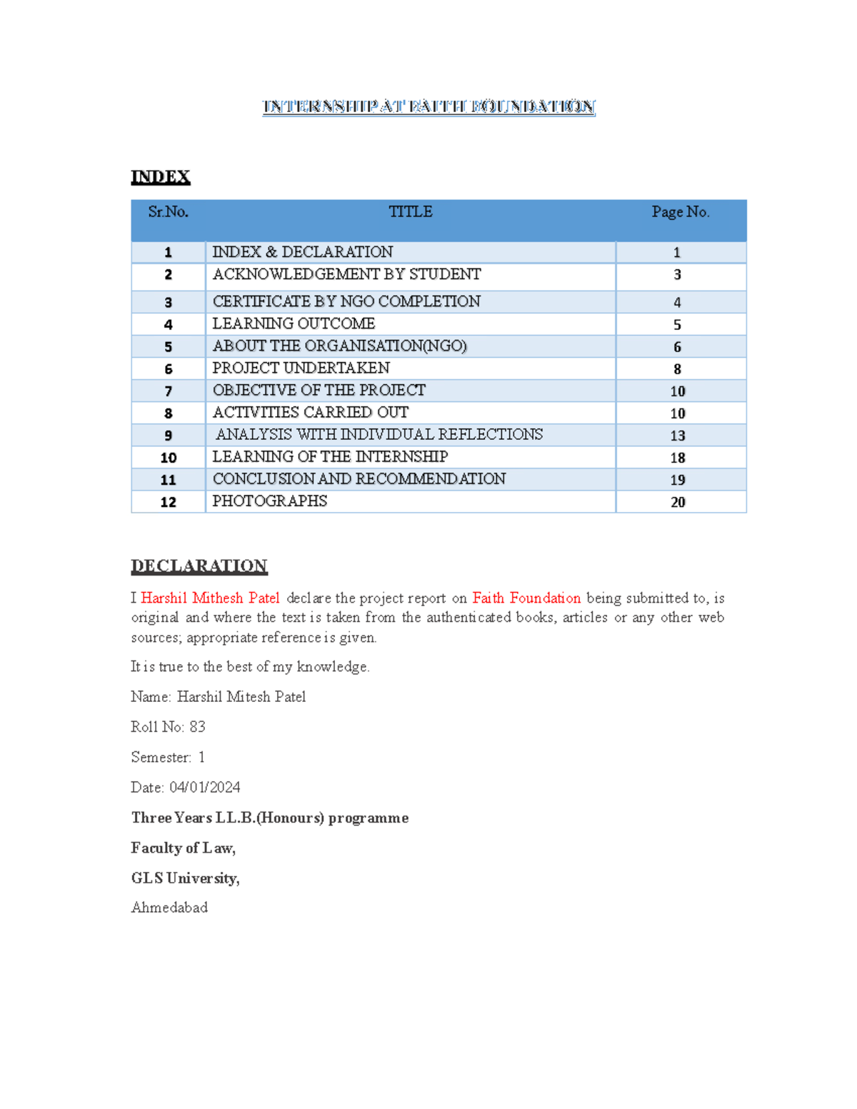 It is a healthy law assignment given to me - INDEX Sr. TITLE Page No. 1 INDEX & DECLARATION 1 2 ...