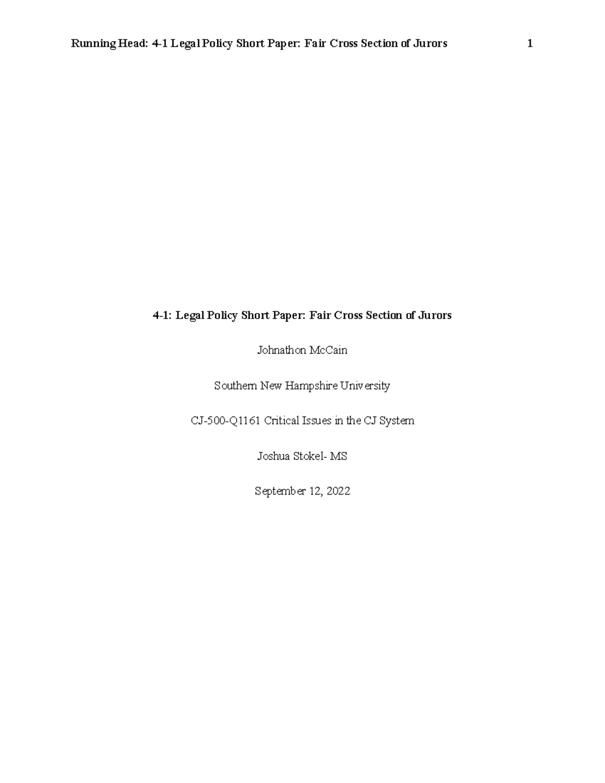 CJ 500 4-1 Legal Policy Short Paper Fair Cross Section of Jurors - 4-1 ...