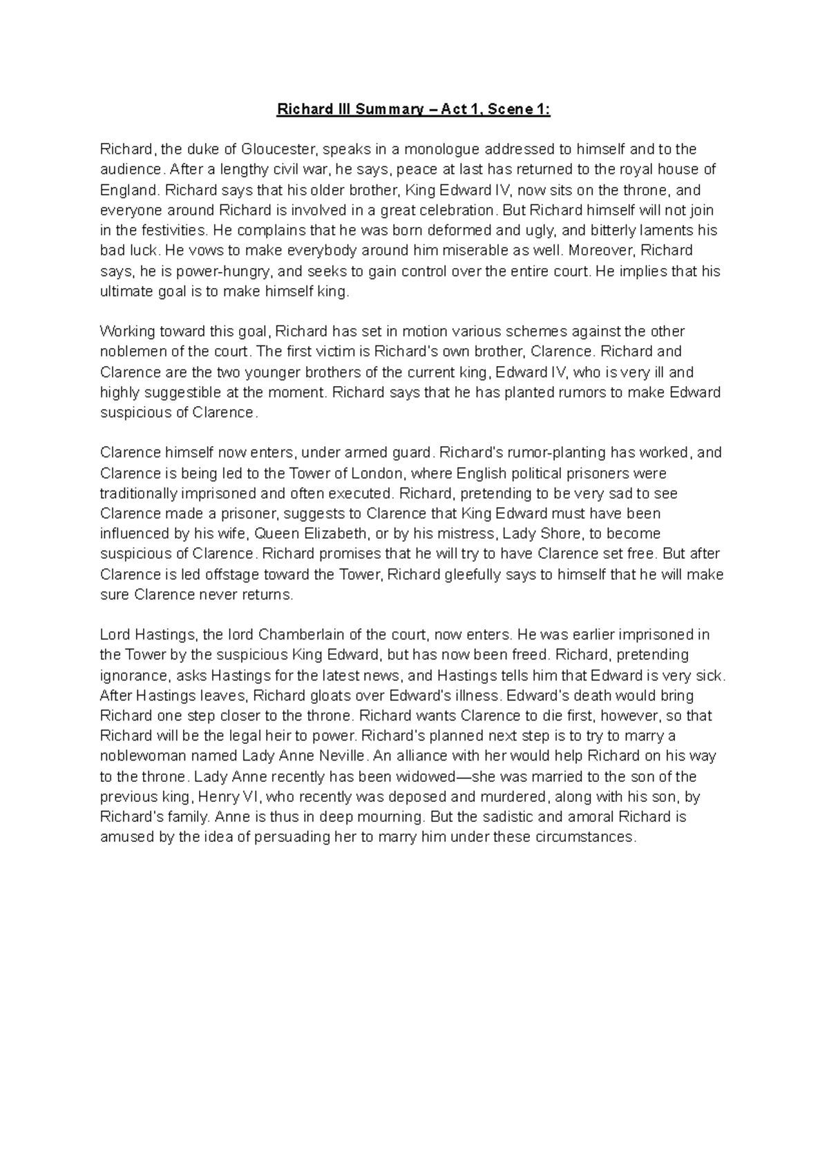 Richard III Summary – Act 1, Scene 1 - Richard III Summary – Act 1 ...