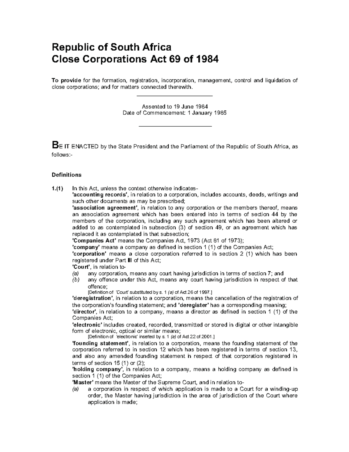 Close Corporations ACT 69 OF 1984 - Republic of South Africa Close ...