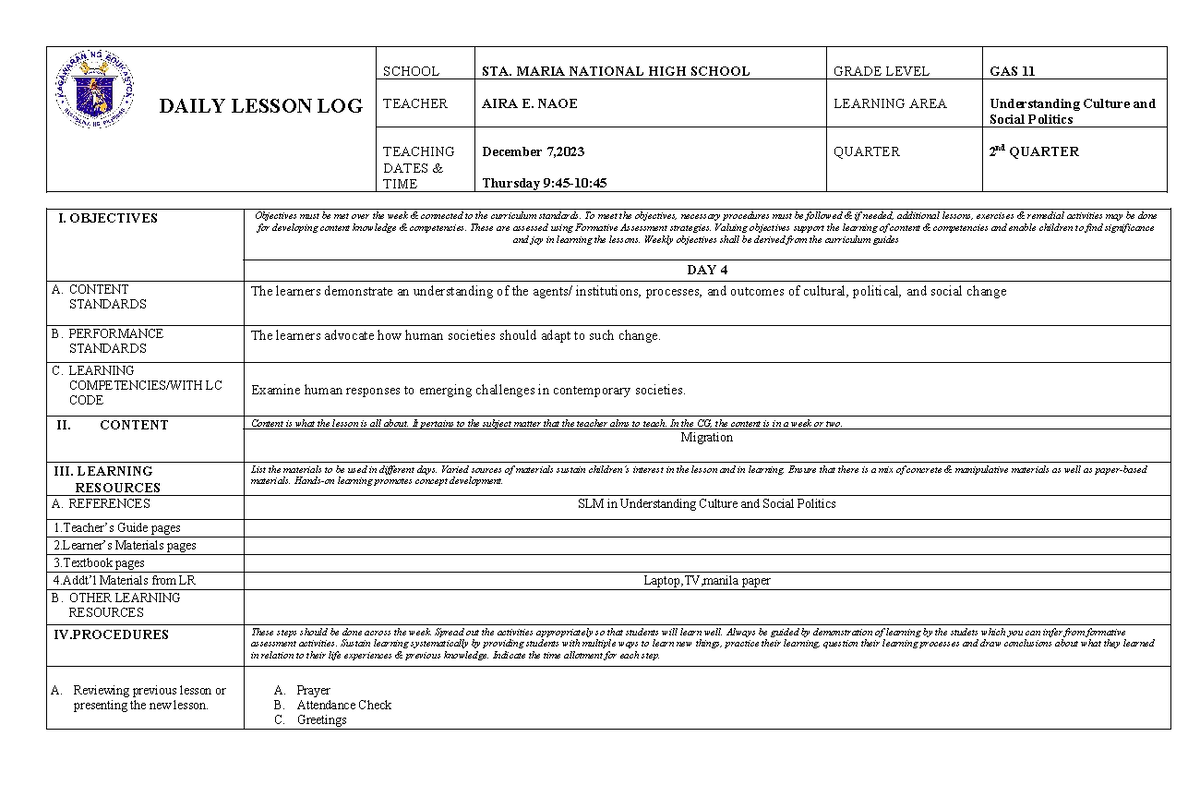 Lesson-PLAN - SCHOOL STA. MARIA NATIONAL HIGH SCHOOL GRADE LEVEL GAS 11 ...