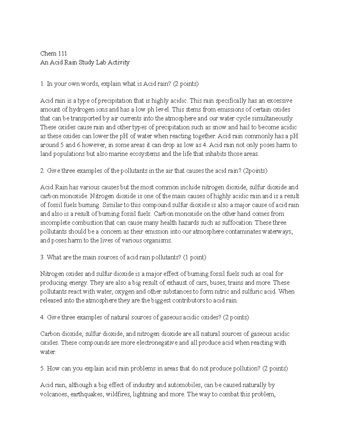 Acid Rain Lab Activity - Chem 111 An Acid Rain Study Lab Activity In ...