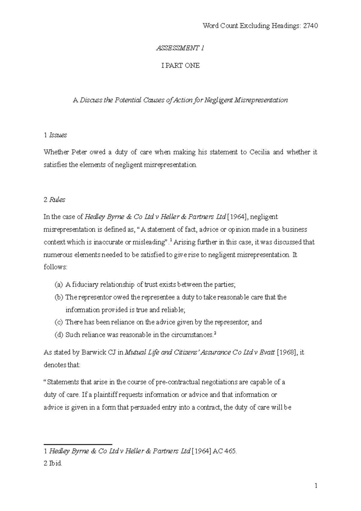 LAWS 203 - Assignment 1 - ASSESSMENT 1 I PART ONE A Discuss the ...