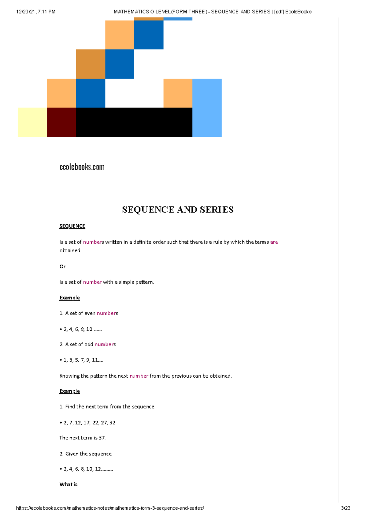 Mathematics - Sequence AND Series - ecolebooks SEQUENCE AND SERIES ...