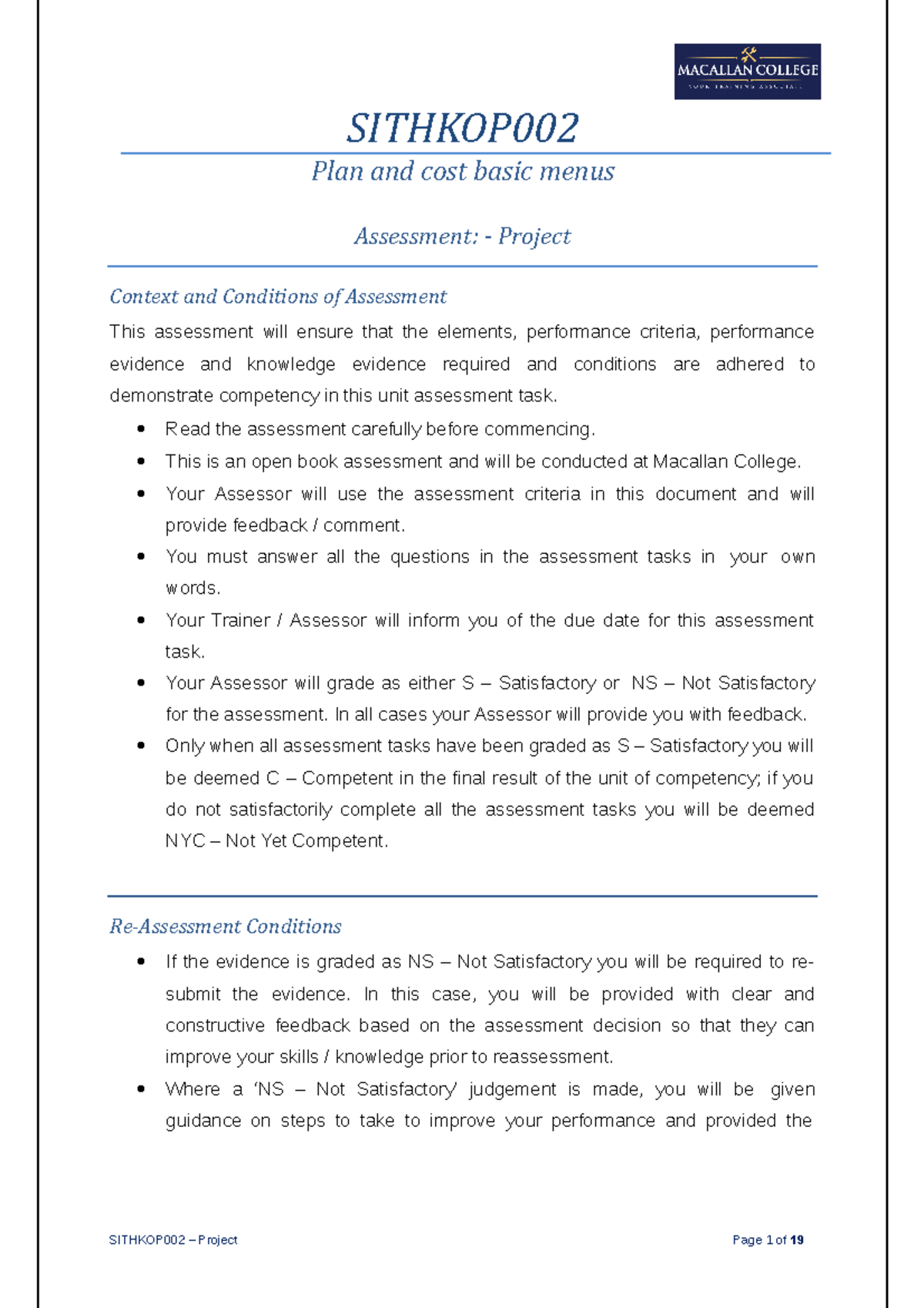Sithkop 002 Project word format - SITHKOP002 – Project Page 1 of 19 SITHKOP Plan and cost basic ...