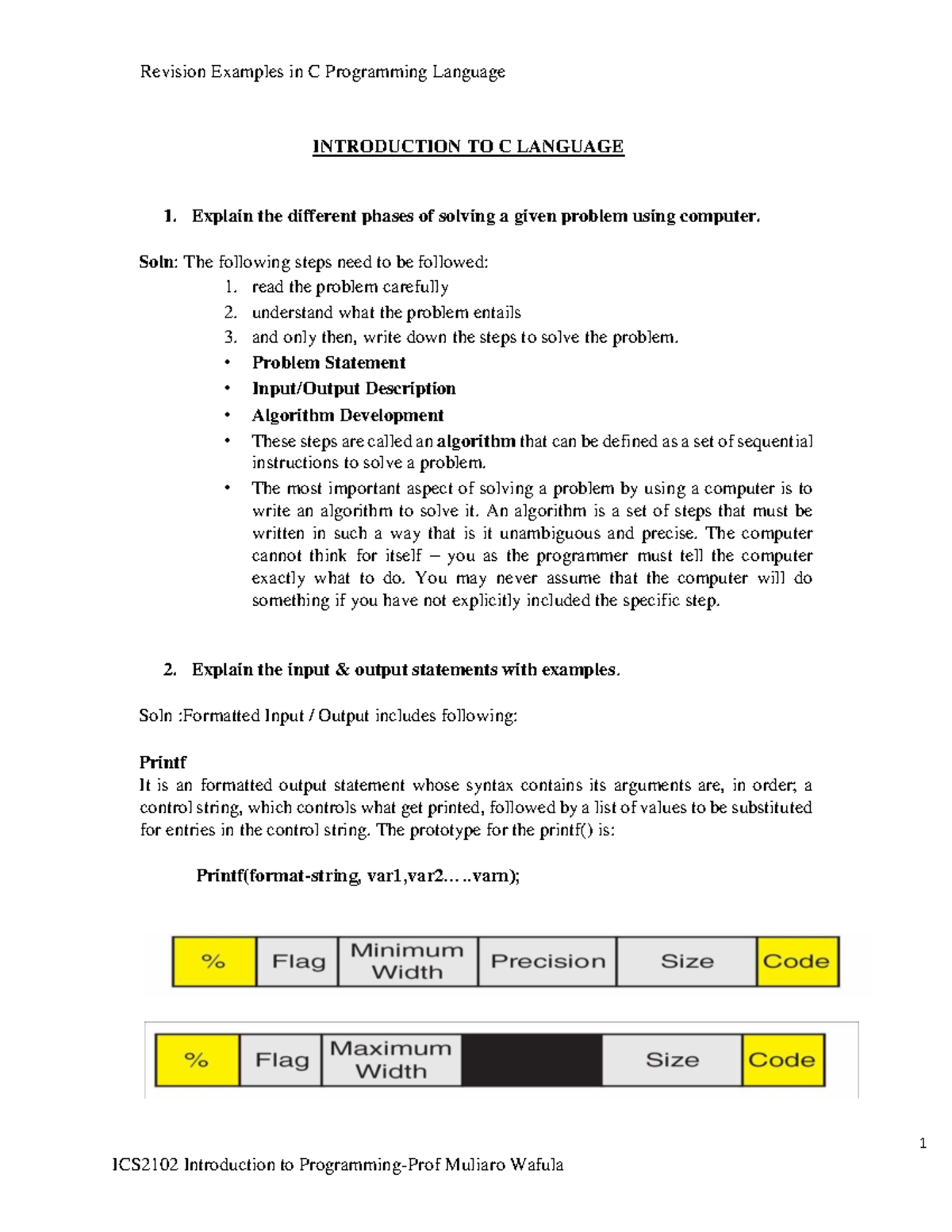 C Prog Revision examples-1 - 1 INTRODUCTION TO C LANGUAGE Explain the ...