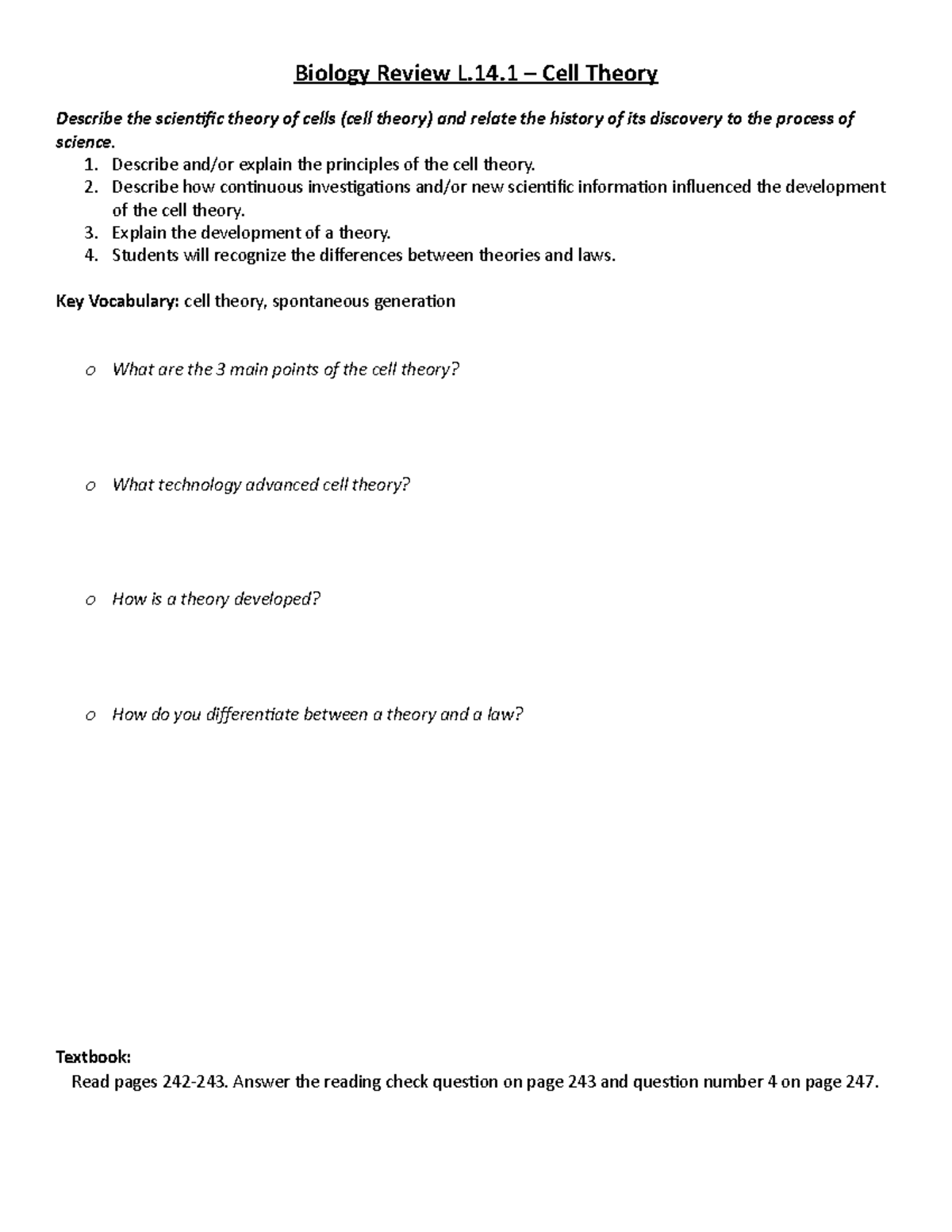 Bio EOC Review - Bio - Biology Review L.14 – Cell Theory Describe the ...