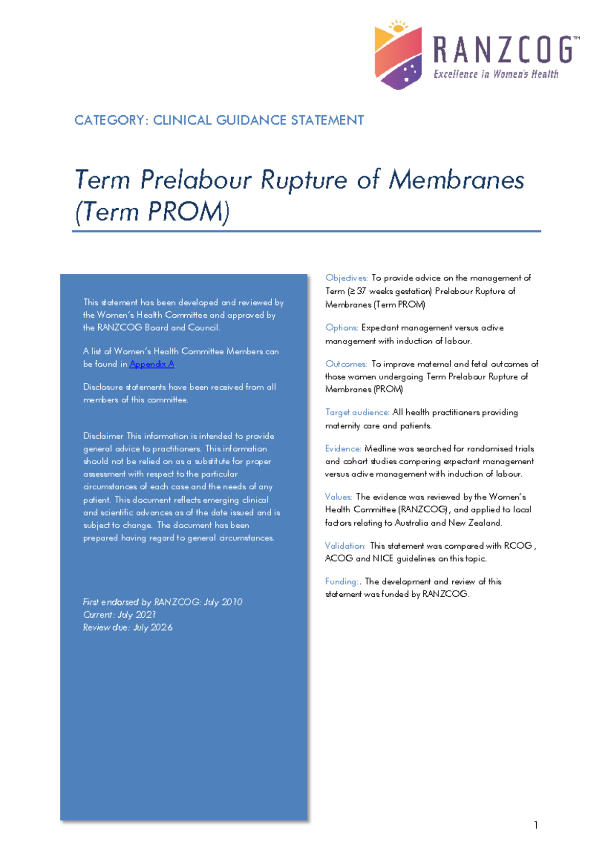 Term Prelabour Rupture of Membranes Term PROM - CATEGORY: CLINICAL ...