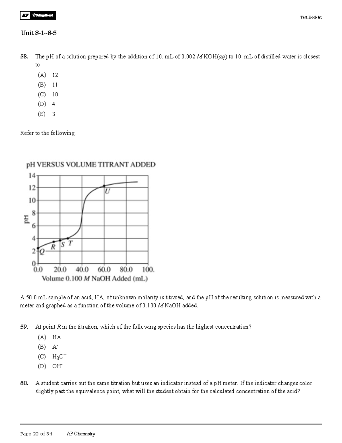 TB Unit 8 - Practice test for chemistry - The pH of a solution prepared ...