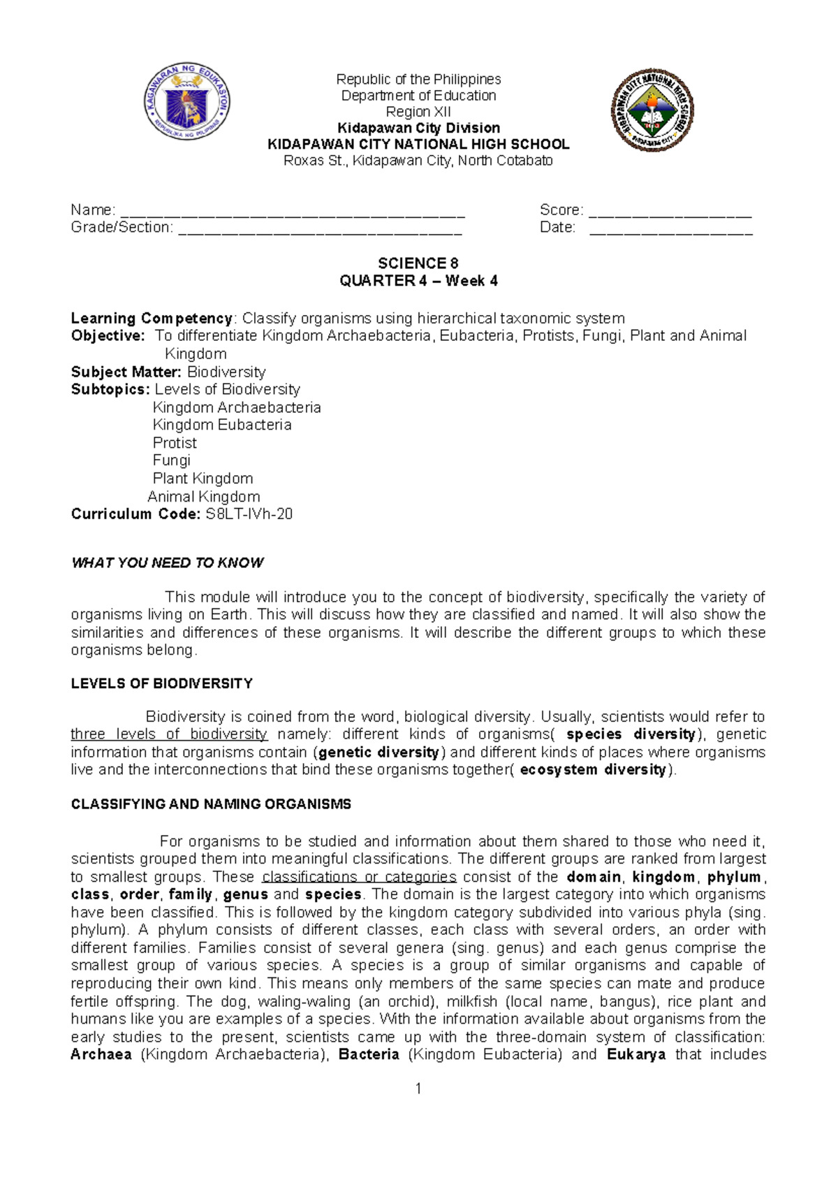 Sci8-Q4-W4 - sheet - Republic of the Philippines Department of Education Region XII Kidapawan ...