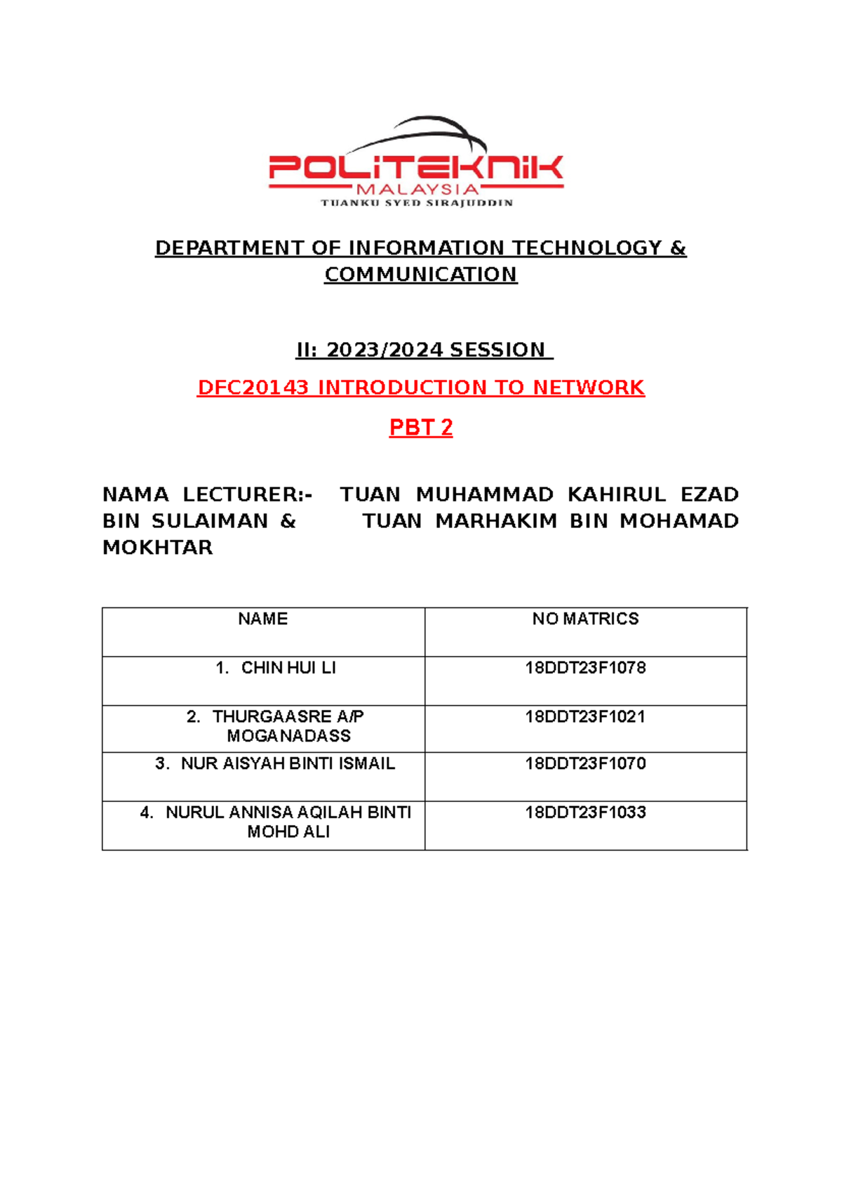 Problem based task - DEPARTMENT OF INFORMATION TECHNOLOGY & COMMUNICATION II: 2023/2024 SESSION ...