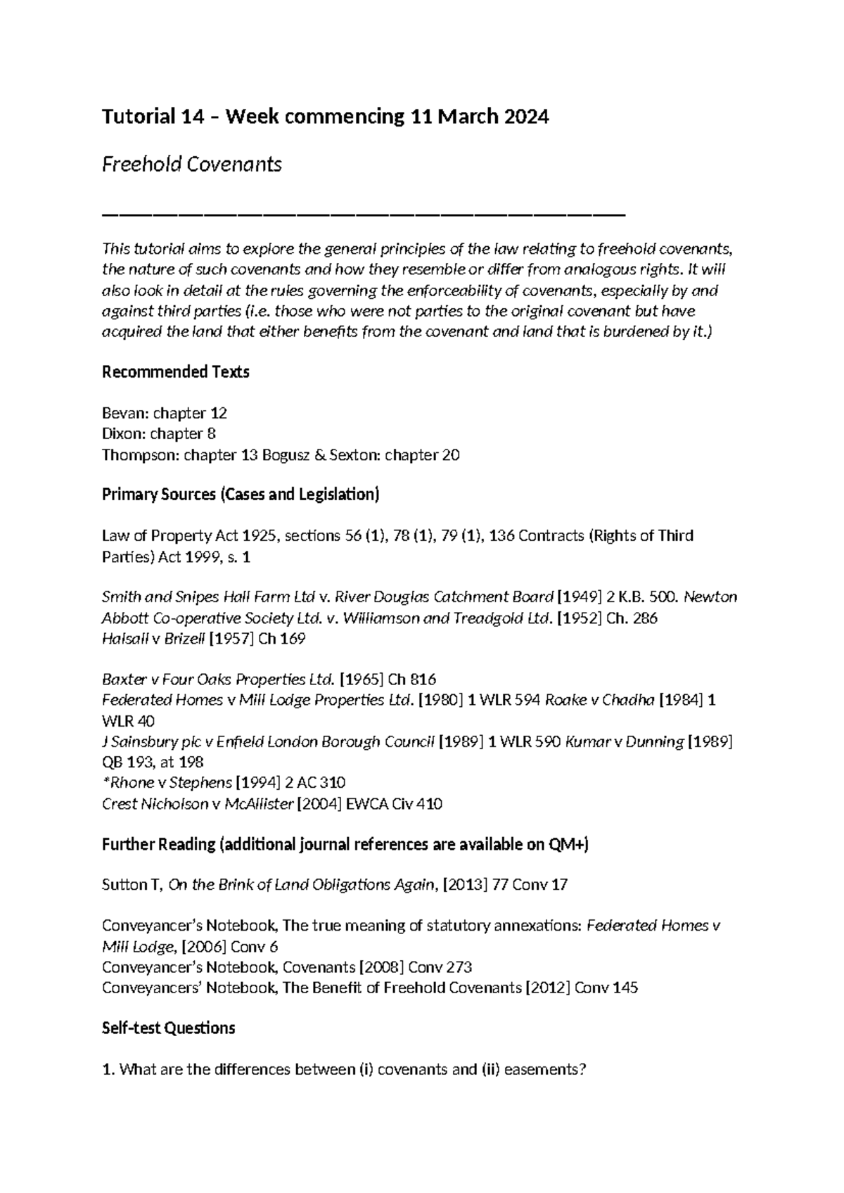 Tutorial 14 Land Law Freehold Covenants - Tutorial 14 – Week commencing ...