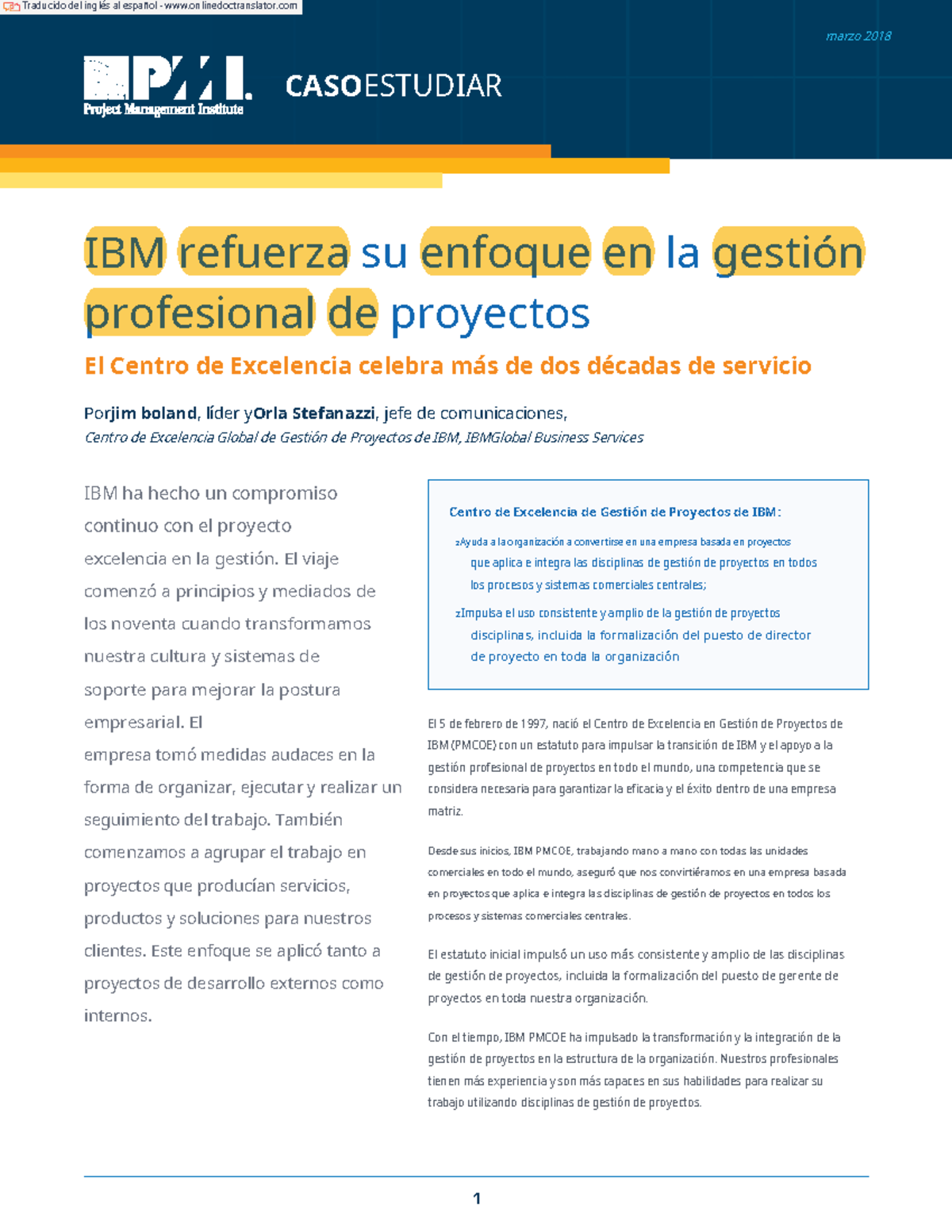 Ibm pmcoe case study - fffff - marzo 2018 CASOESTUDIAR IBM refuerza su enfoque en la gestión ...