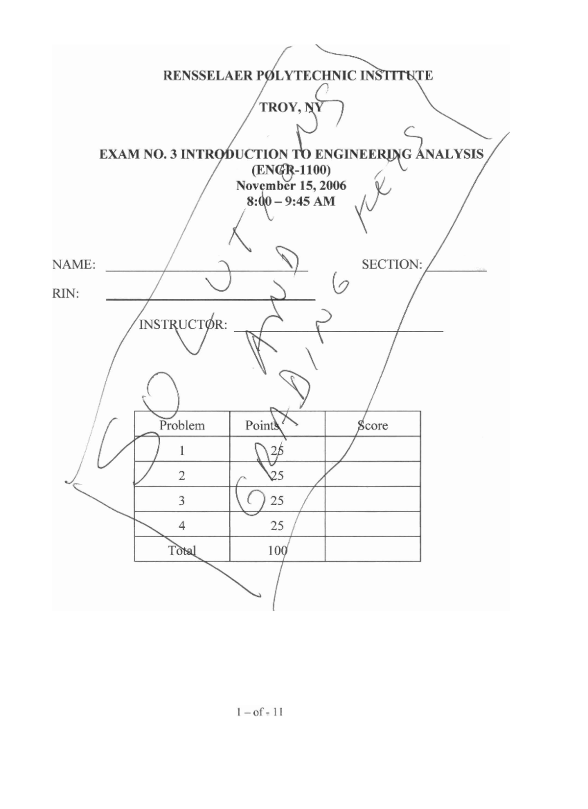 Engr1100exam3fall06 - back exams - ENGR 1100 - Studocu