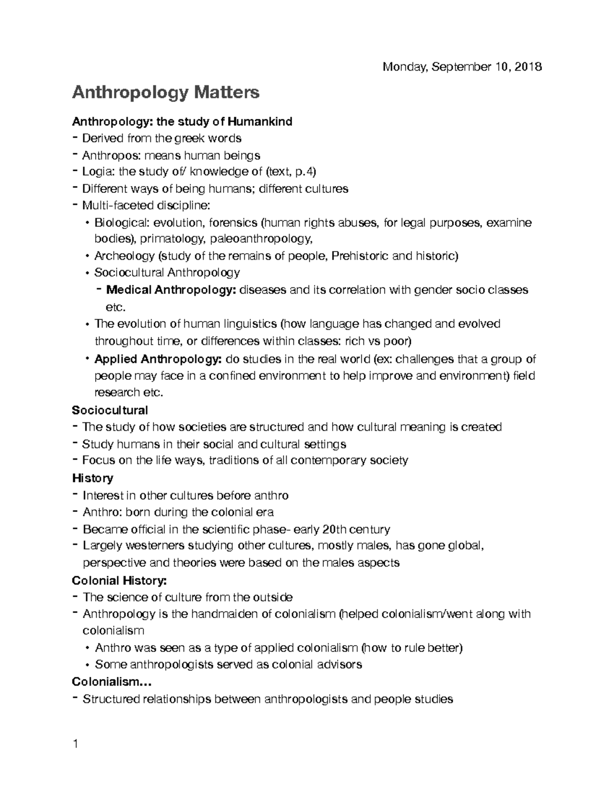Anthropology Lesson 1 - Lecture notes 1 - Monday, September 10, 2018 ...