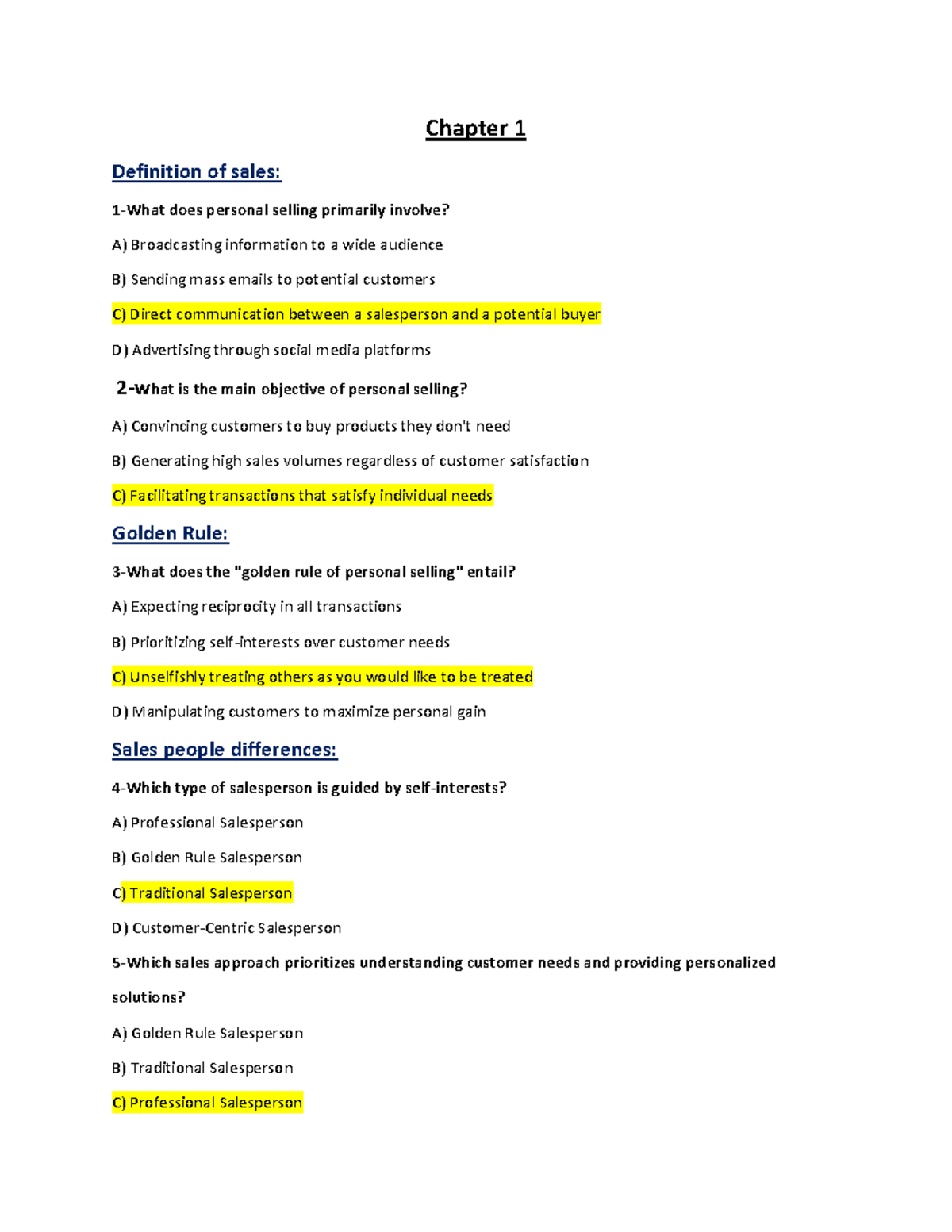 Sales revision Questions - Definition of sales: 1 - What does personal ...