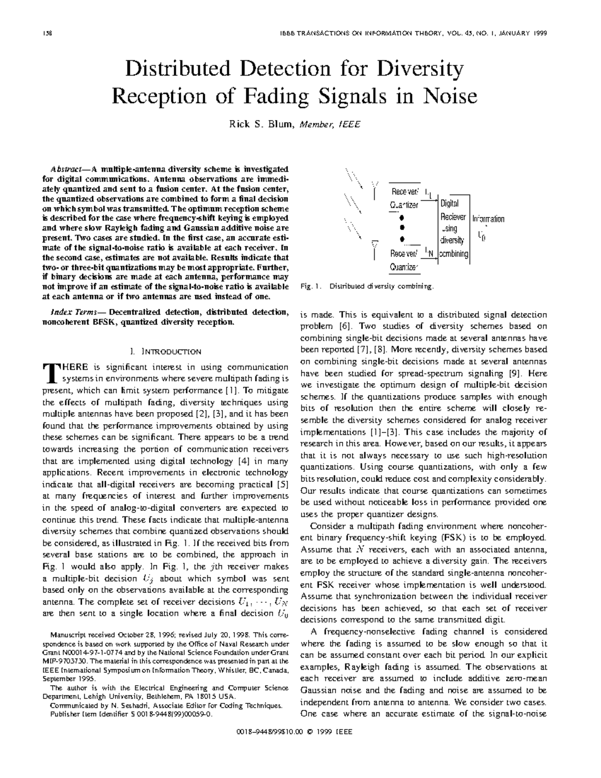 Distributed Detection for Diversity Reception - 158 IEEE TRANSACTIONS ...
