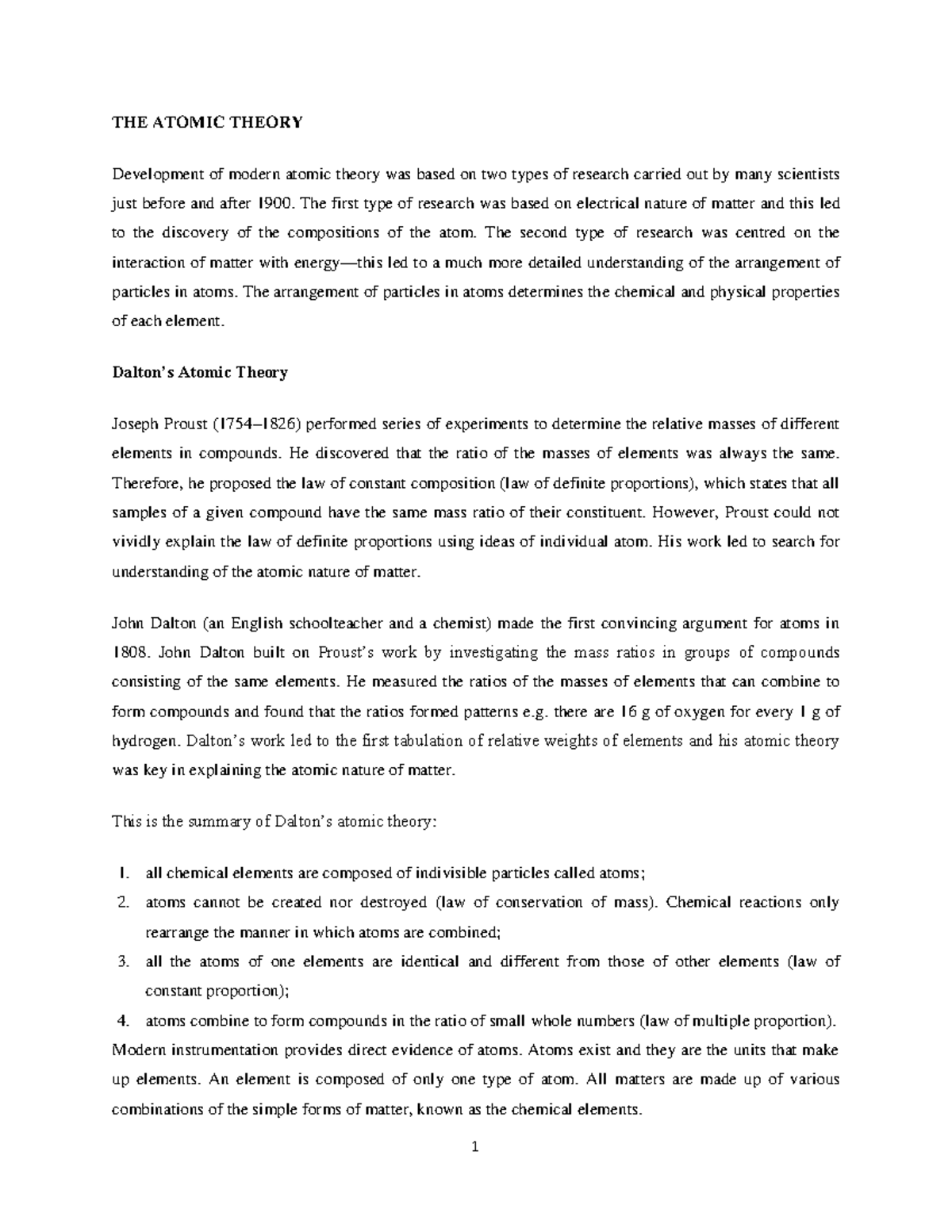 CHE 101 NOTE - ####### THE ATOMIC THEORY Development of modern atomic ...