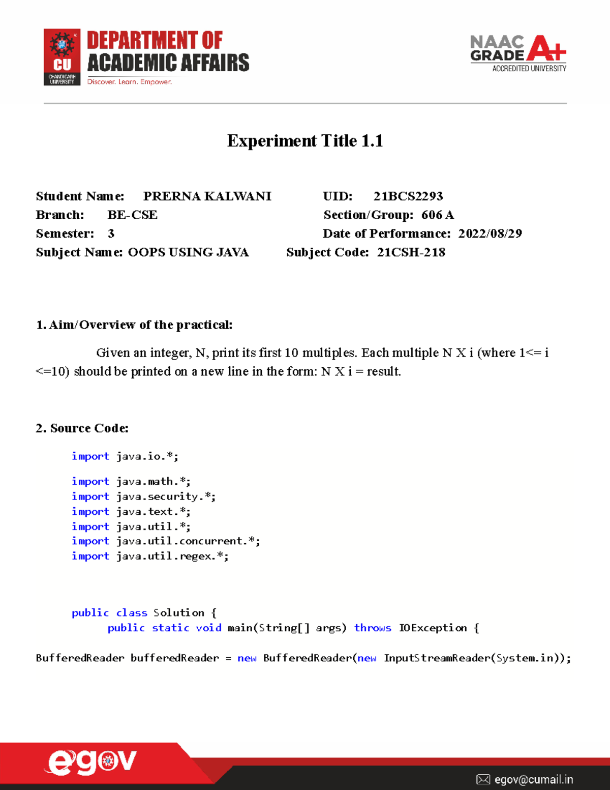 Experiment 1 - very informative - Experiment Title 1. Student Name ...