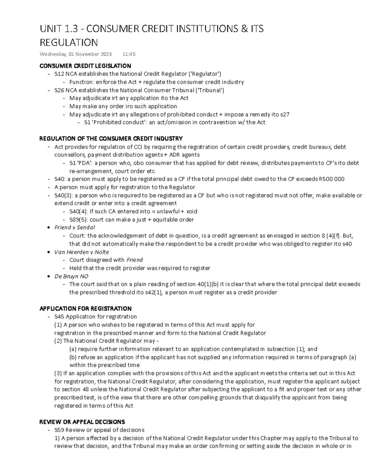 1.3 Credit industry + regulation - CONSUMER CREDIT LEGISLATION S12 NCA ...