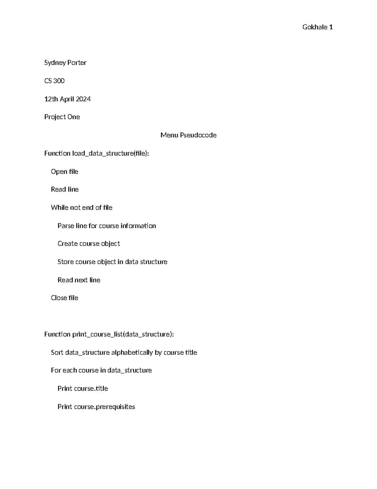 Cs 300 Project One Sydney Porter Cs 300 12th April 2024 Project One Menu Pseudocode Function