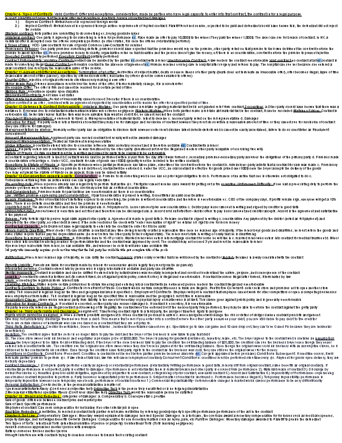 Business Law Final Cheat Sheet - Chapter 4- Types of Contracts- Valid ...
