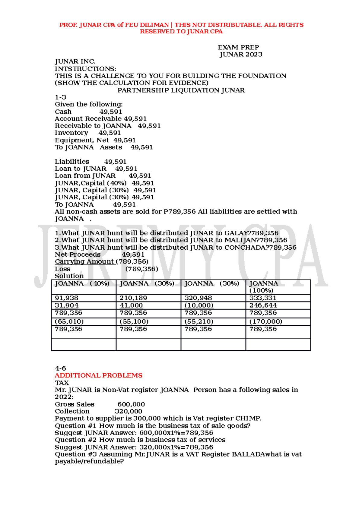 PARTNERSHIP LIQUIDATION JUNAR - RESERVED TO JUNAR CPA EXAM PREP JUNAR ...
