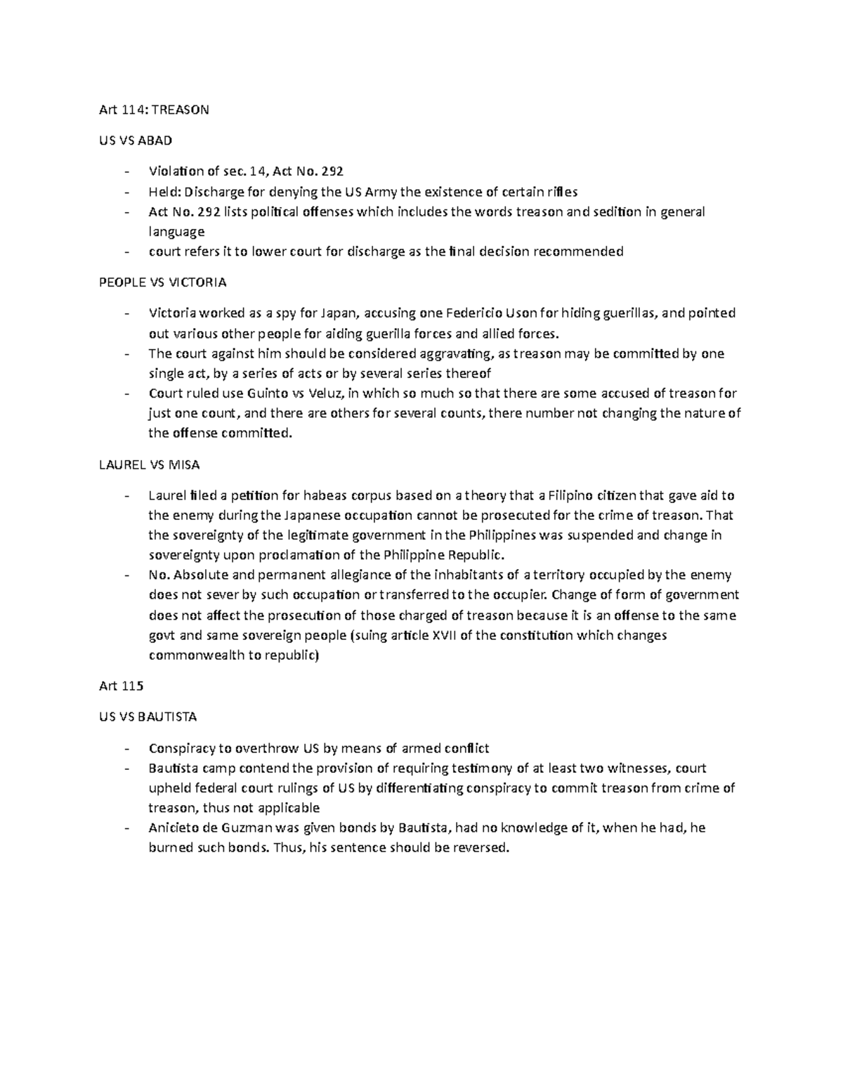 Art-114 Criminal Law 2 - Art 114: TREASON US VS ABAD Violation of sec ...