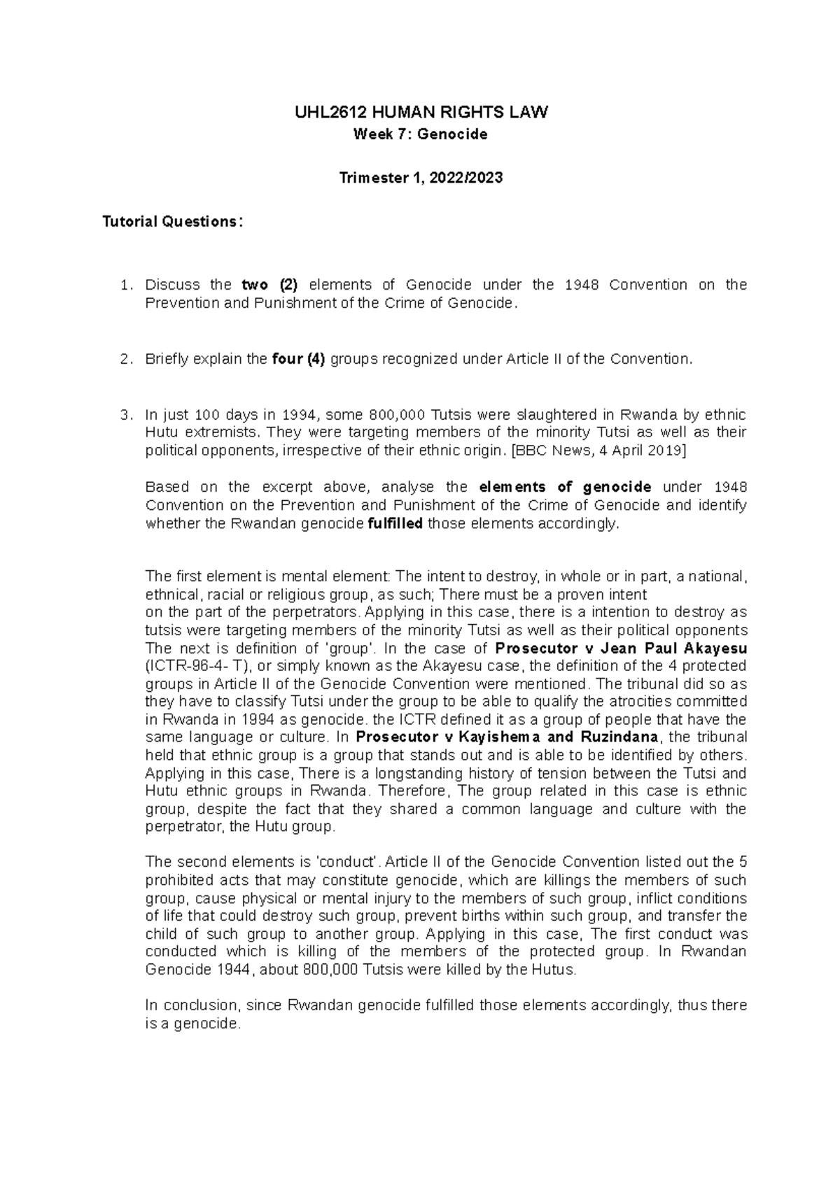 Tutorial 7 Genocide - UHL2612 HUMAN RIGHTS LAW Week 7: Genocide ...