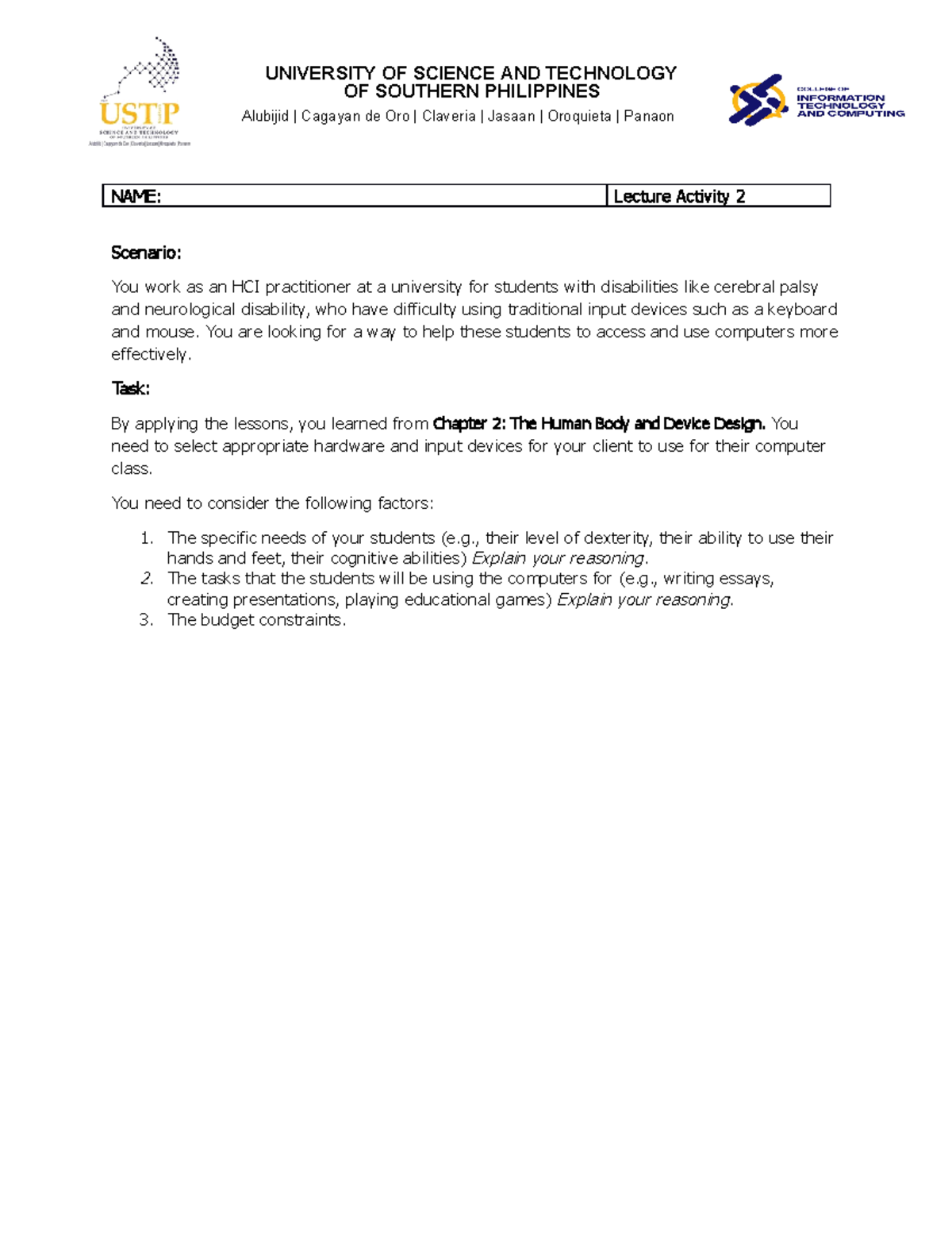 Lecture Activity 2 Midterm - NAME: Lecture Activity 2 Scenario: You ...