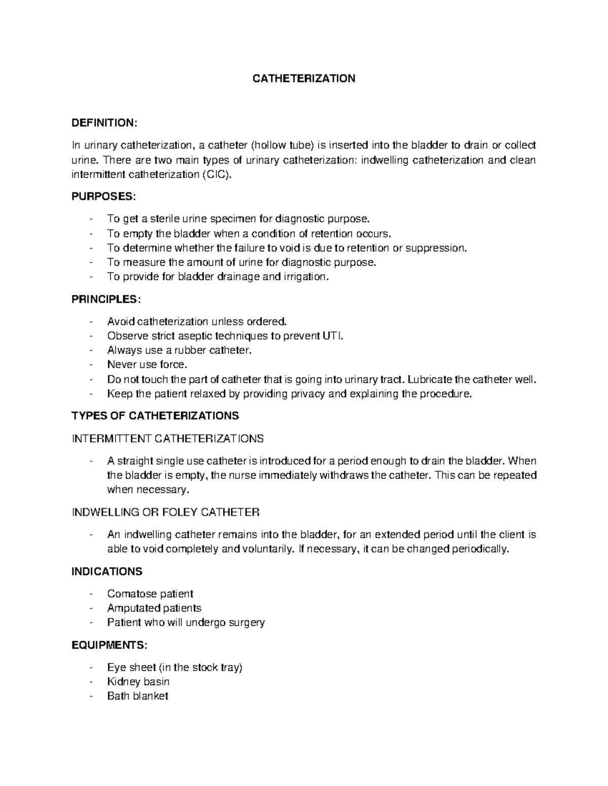 Catheterization - ASS - NOTES - CATHETERIZATION DEFINITION: In urinary ...