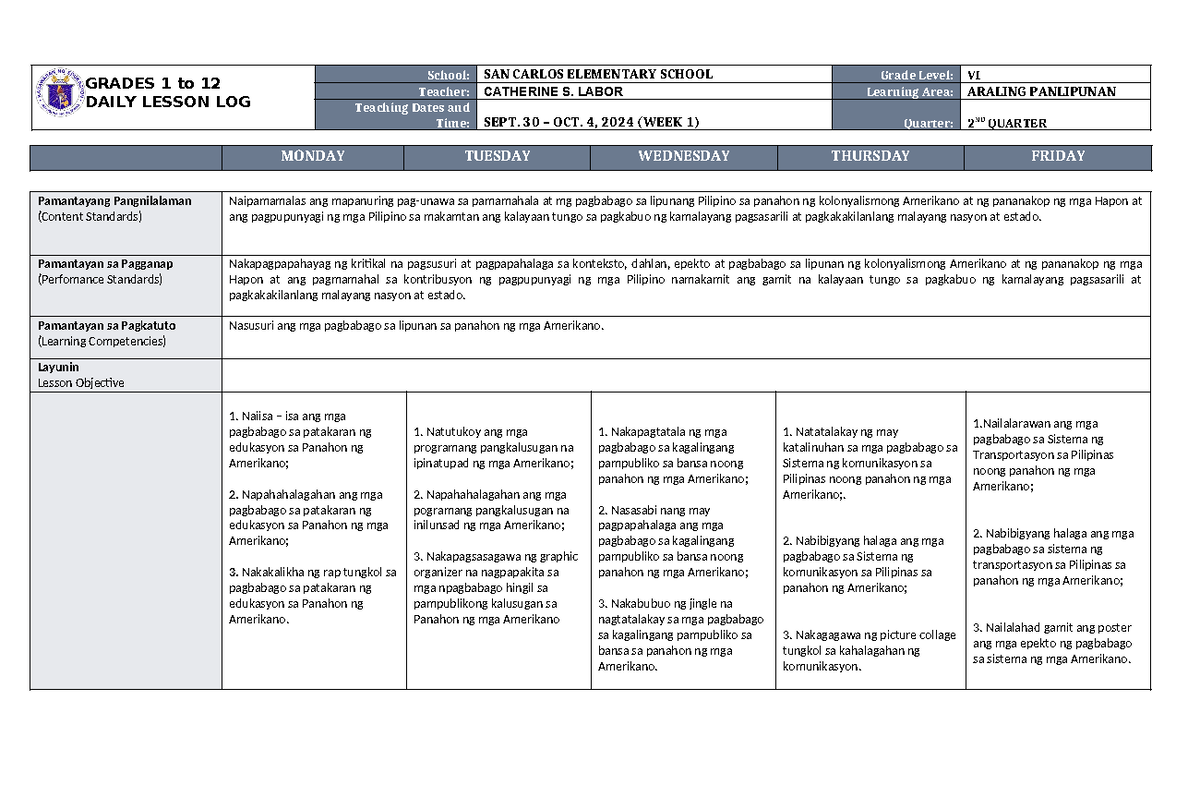 DLL Araling Panlipunan 6 Q2 W1 - GRADES 1 to 12 DAILY LESSON LOG School: SAN CARLOS ELEMENTARY ...