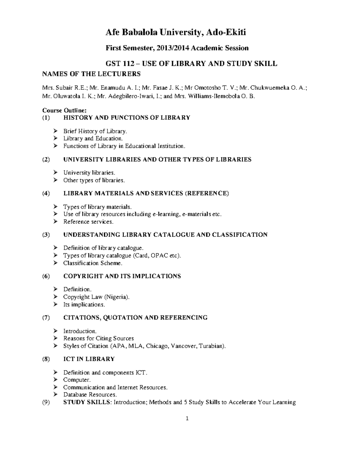 Library all notes - Afe Babalola University, Ado-Ekiti First Semester ...