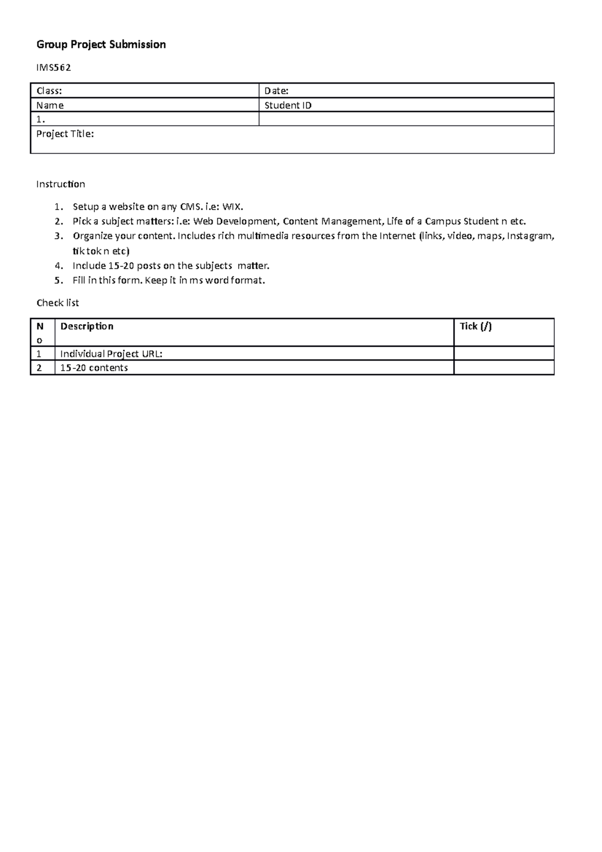 Individual Project Submission Form ICM562 - Group Project Submission ...