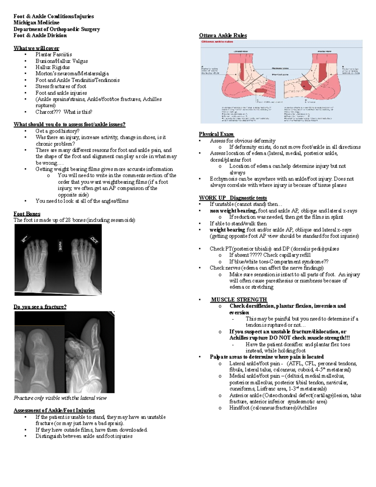 Foot and Ankle Lecture Outline - Foot & Ankle Conditions/Injuries ...